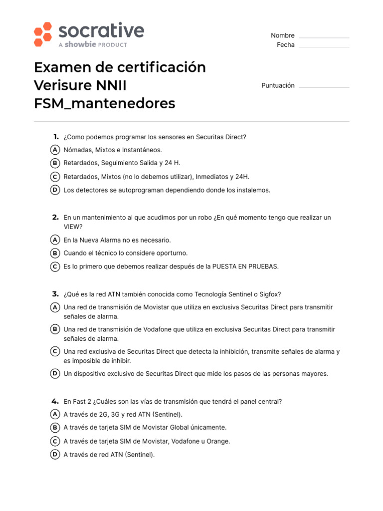 Quiz - Examen de Certificación Verisure NNII FSM - Mantenedores | PDF ...