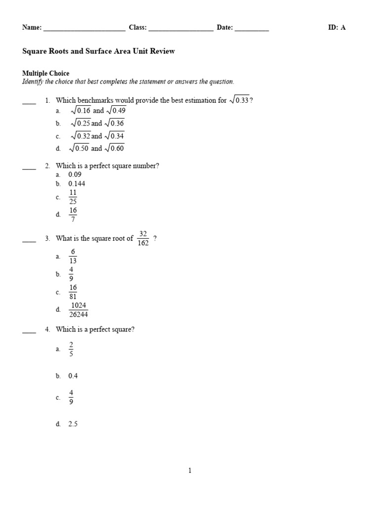 Square Roots and Surface Area Unit Review | PDF | Mathematical Objects ...