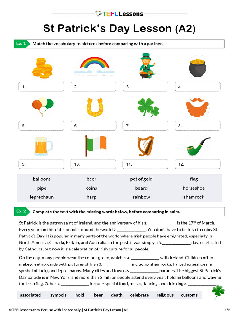 St. Patrick's Day - Vocabulary Lesson (A2) | PDF
