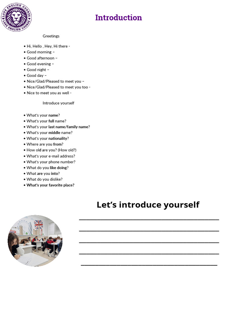 Introduce Yourself - Class 1 | PDF