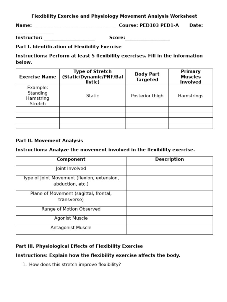 Flexibility Exercise and Physiology Movement Analysis Worksheet | PDF