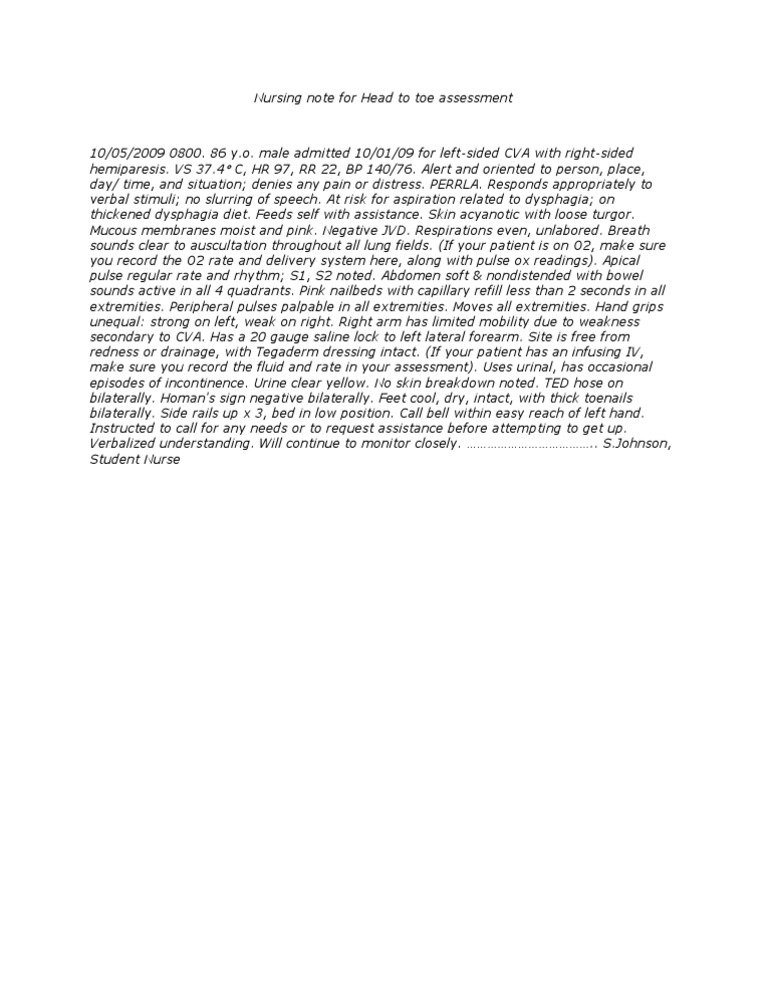 Nursing Note For Head To Toe Assessment