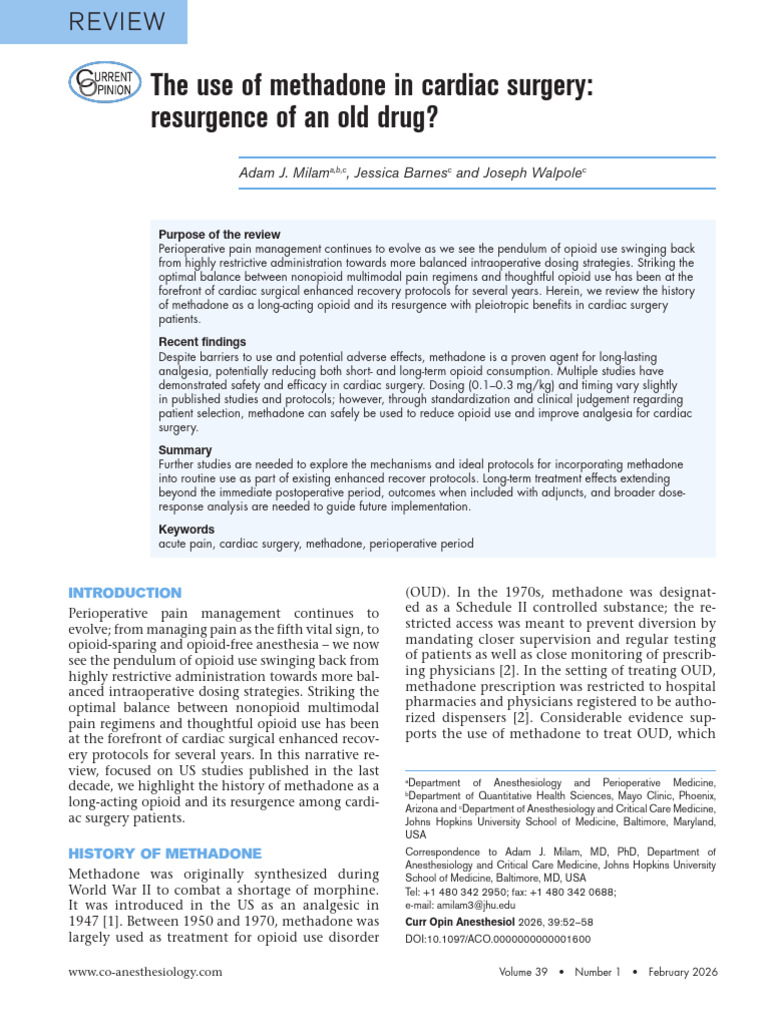 The Use of Methadone in Cardiac Surgery Milliam Et Al 2026 | PDF