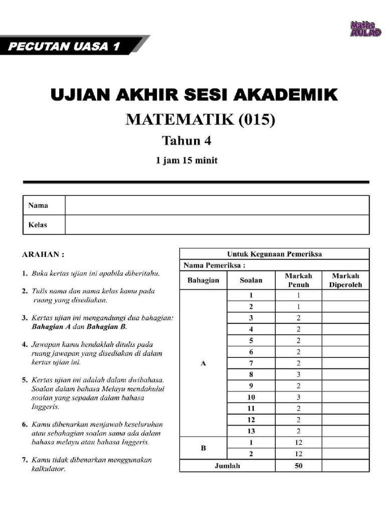 Uasa Math p4 | PDF