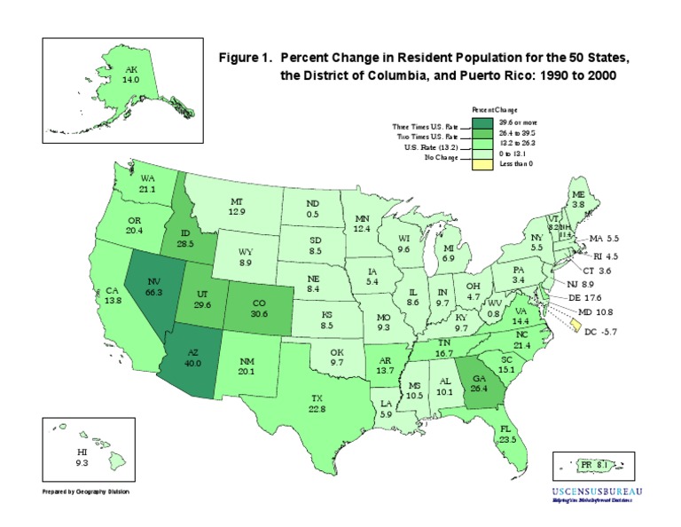 Map of United States - Population Change by State 1990 To 2000 | PDF