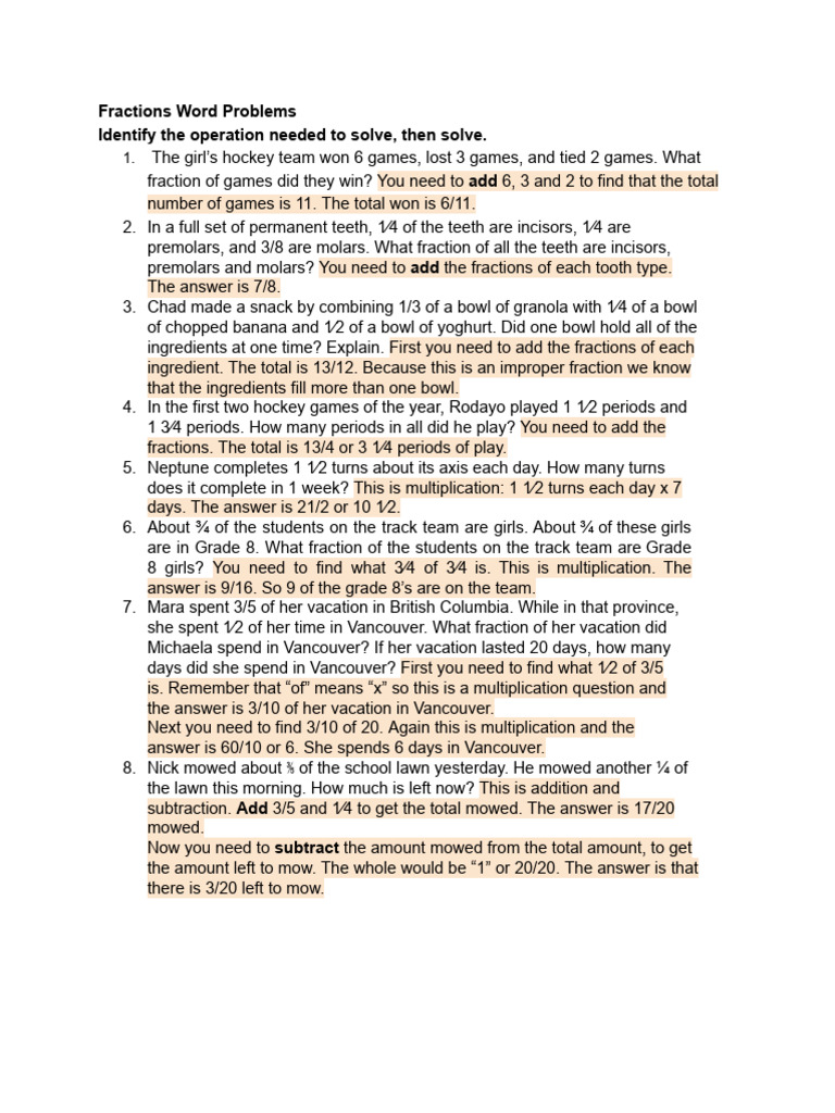 Fractions Word Problems Answers | PDF