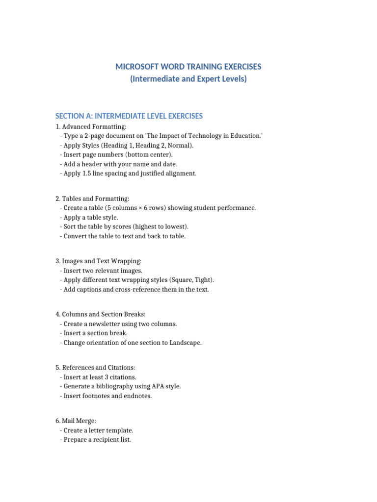Microsoft Word Intermediate and Expert Training Exercises | PDF