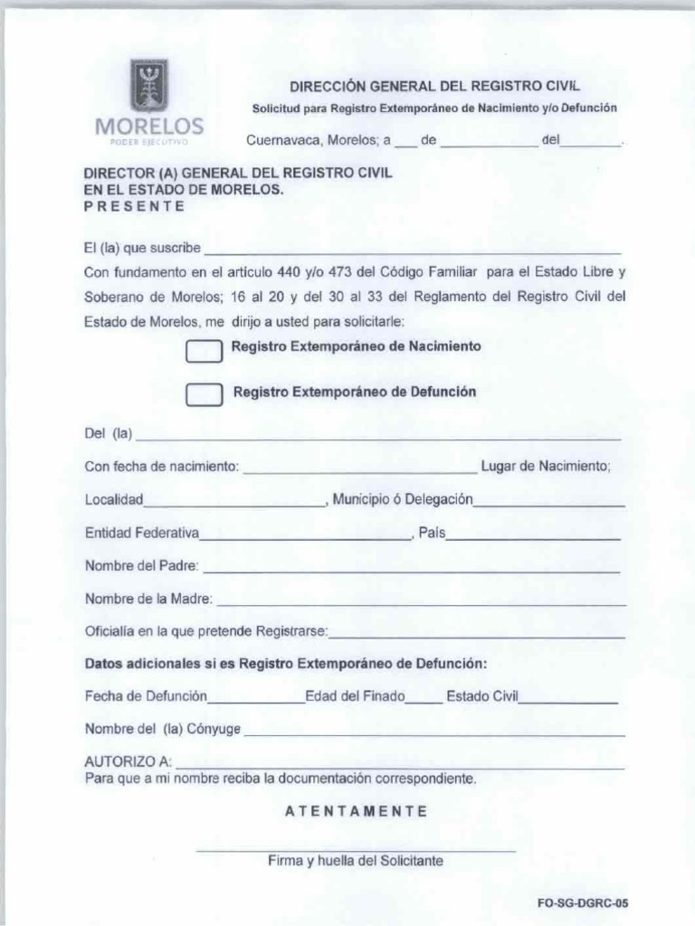 Solicitud para Registro Extemporáneo de Nacimiento y o Defunción | PDF