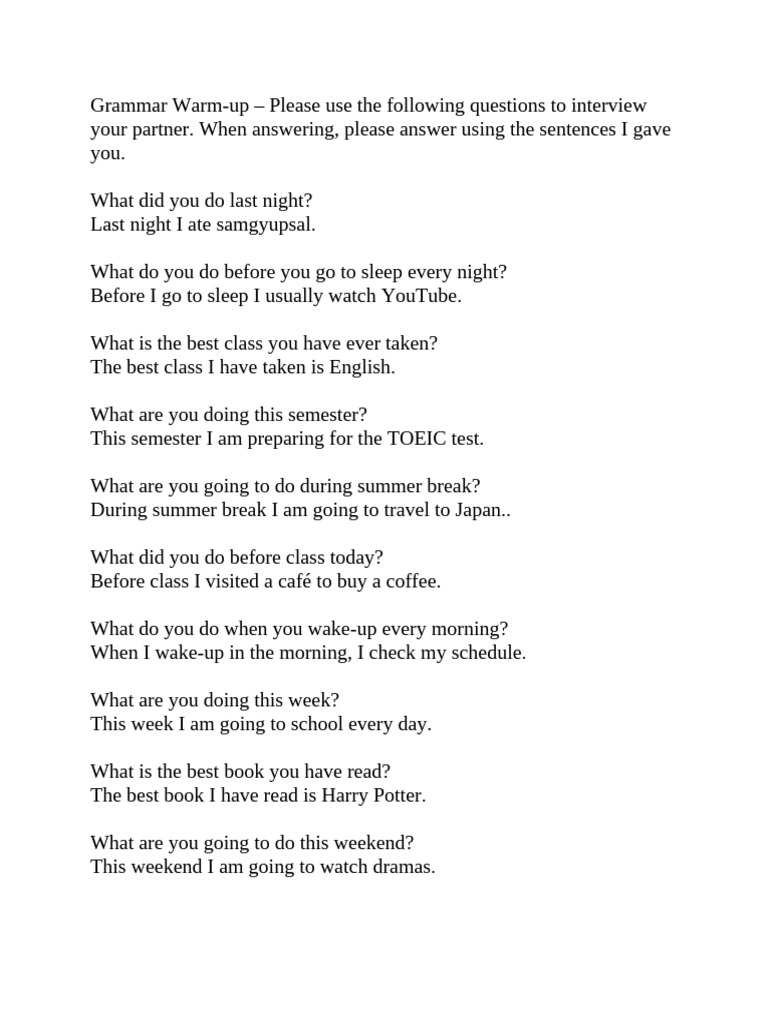 Grammar Warm-Up Unit 1 - RLE - 01 | PDF