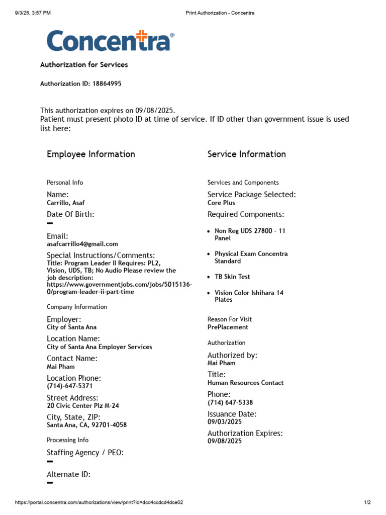 Authorization - Concentra A. Carrillo | PDF