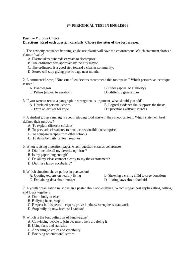 DTC - PT - q2 English 8 Matatag With Tos Key | PDF | Essays | Proposition