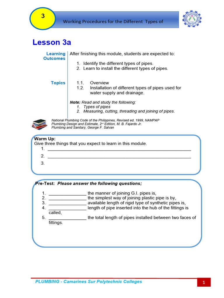 Module 3a Working Procedures | PDF | Pipe (Fluid Conveyance) | Plumbing