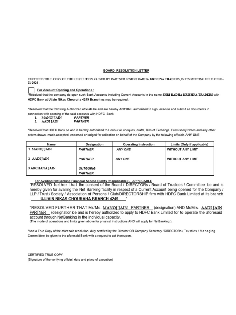Shri Radha Krishna Traders Board Resolution Letter | PDF