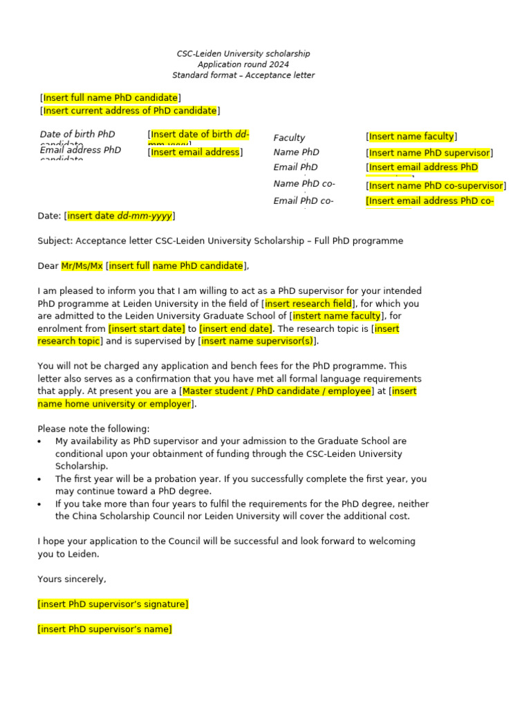 CSC Acceptance Letter 2024 | PDF | Doctor Of Philosophy | Academia