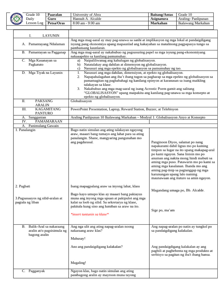 Globalisasyon Lesson Plan | PDF