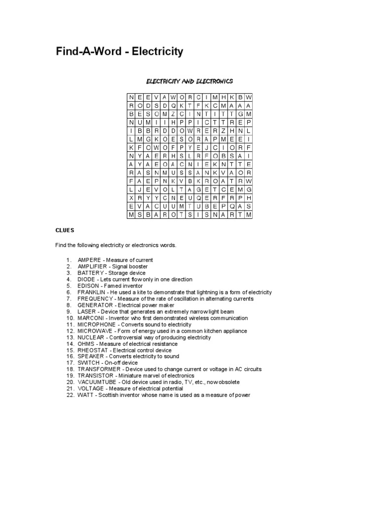 Find-A-Word - Electricity: Clues | PDF