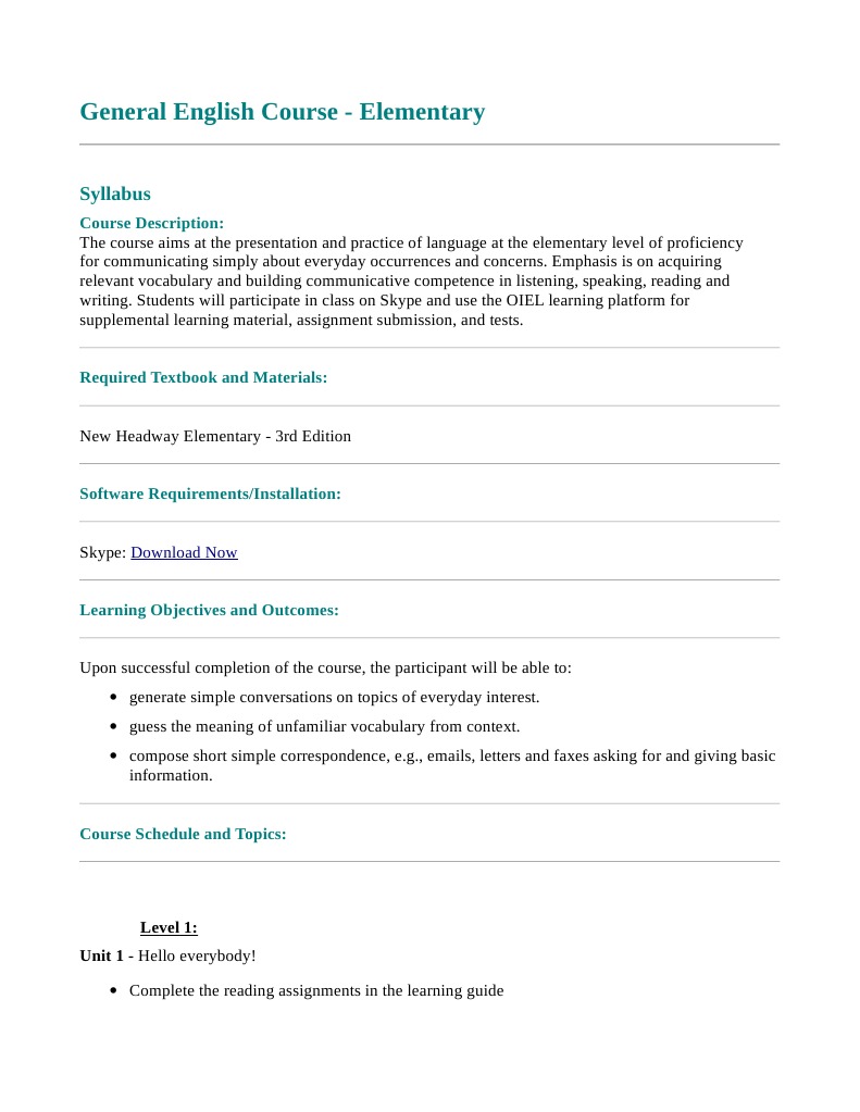 General English Elementary Syllabus | PDF | Test (Assessment) | Reading ...