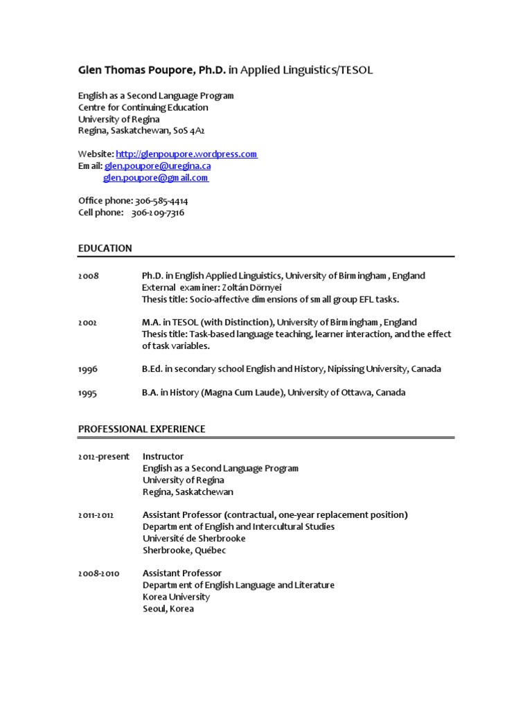 CV English | English As A Second Or Foreign Language | Second Language