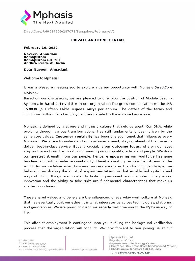 Mphasis Offer Letter | PDF