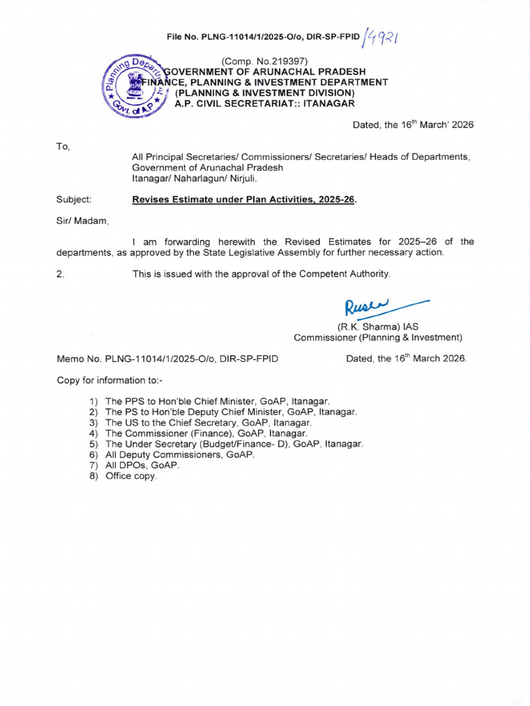 Forwarding Letter Revised Estimate Under Plan Activities 2025 26 | PDF