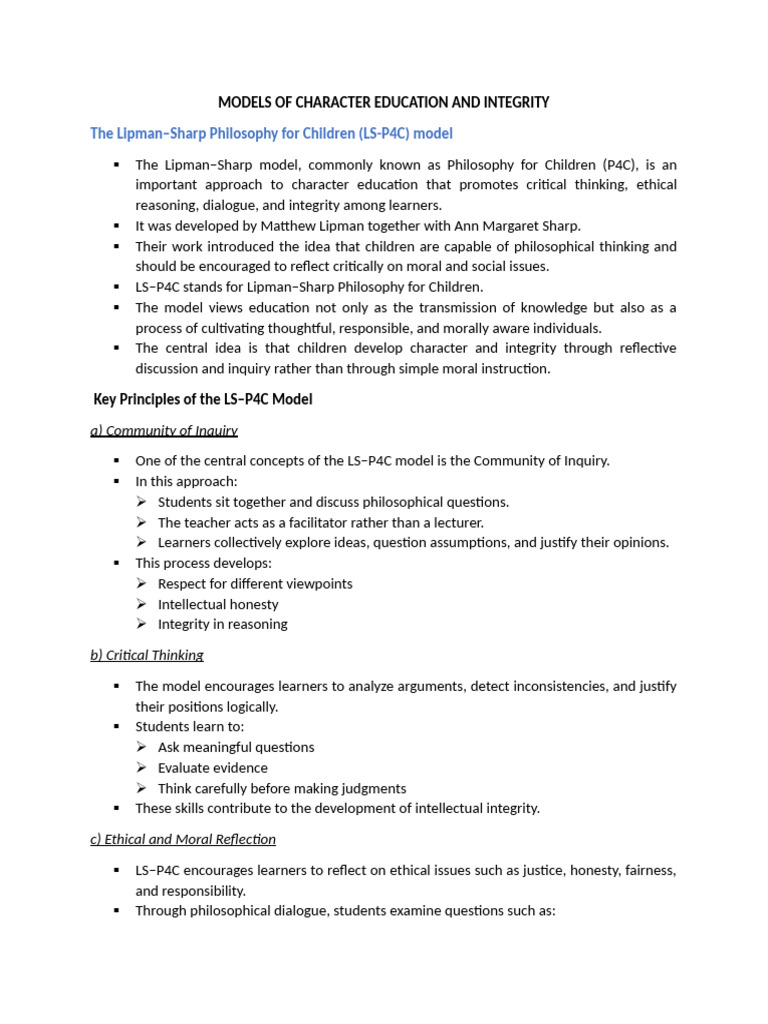 Models of Character Education and Integrity | PDF