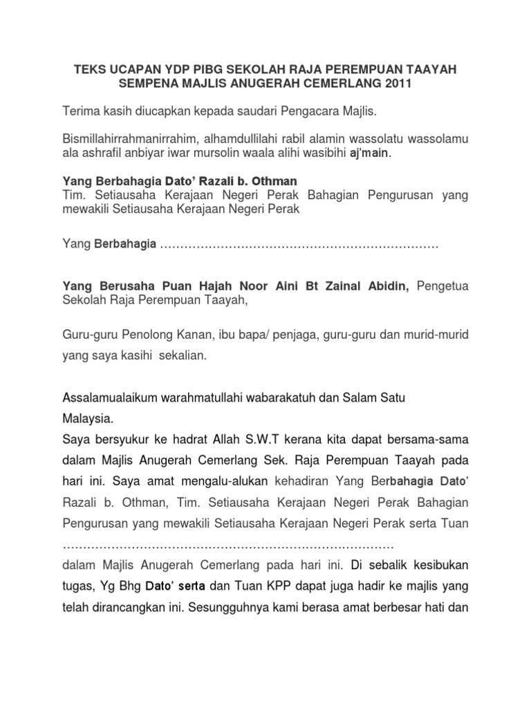 Teks Ucapan Ydp Pibg Sekolah Raja Perempuan Taayah | PDF
