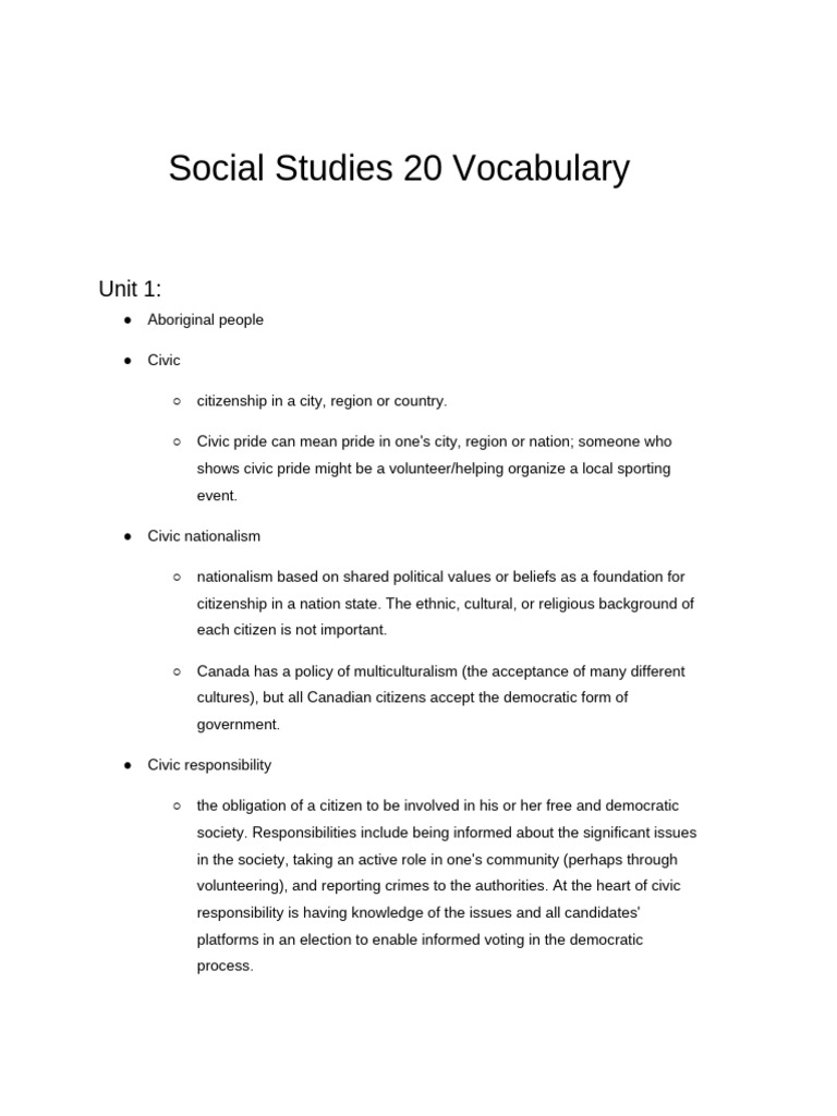 Social Studies 20 Vocabulary | PDF | Peace | Global Politics