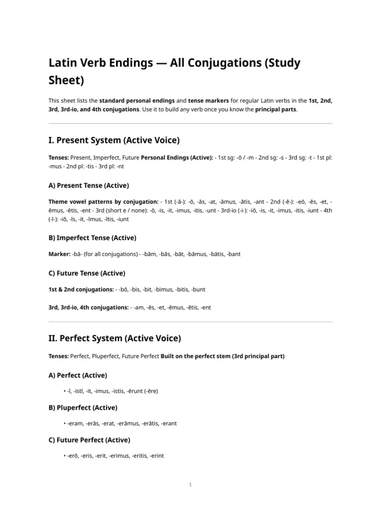 Latin Verb Endings - All Conjugations (Study Sheet) | PDF | Grammatical ...