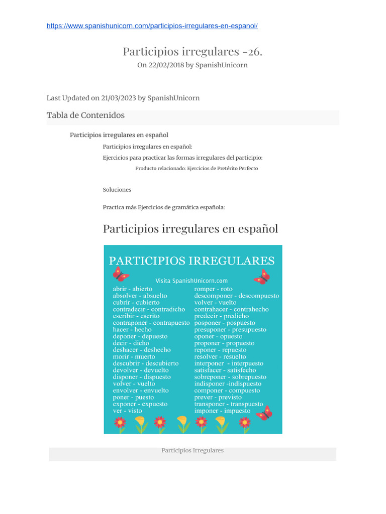 Participios Irregulares. Spanish Unicorn | PDF