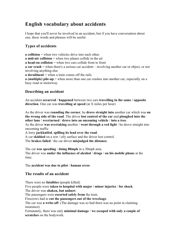 English Vocabulary About Accidents | PDF