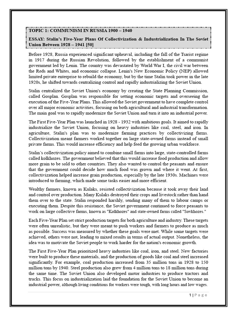Stalin's Five-Year Plans Essay | PDF | Economies | Soviet Union
