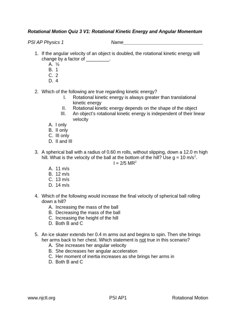 AP Phys1 Rotational Kinetic Energy and Angular Momentum Reading Quiz v1 ...