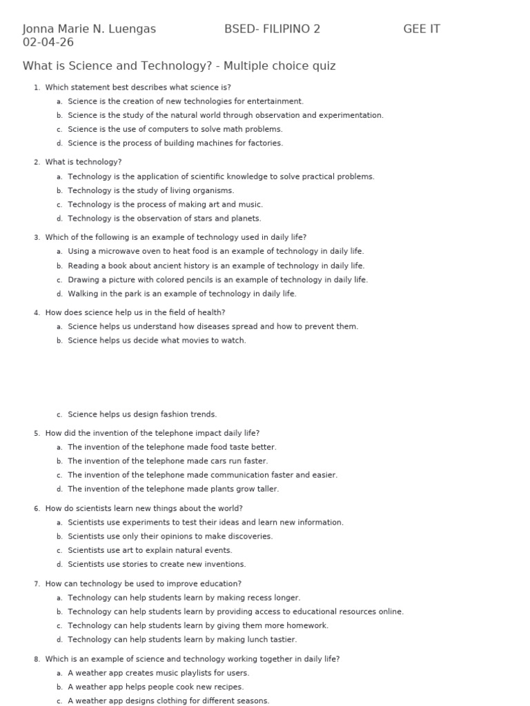 What Is Science and Technology - Multiple Choice Quiz | PDF | Science ...