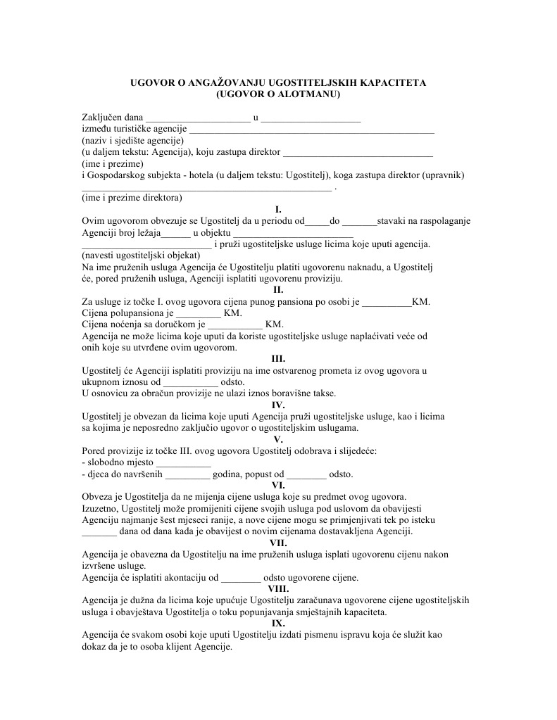 Ugovor o Angazovanju Ugostiteljskih Kapaciteta | PDF