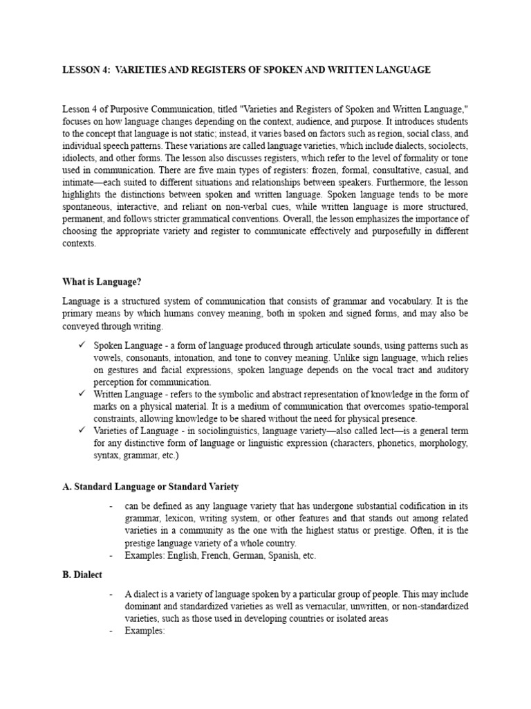 Unit 1 Lesson 4 Varieties and Registers of Spoken and Written Language ...