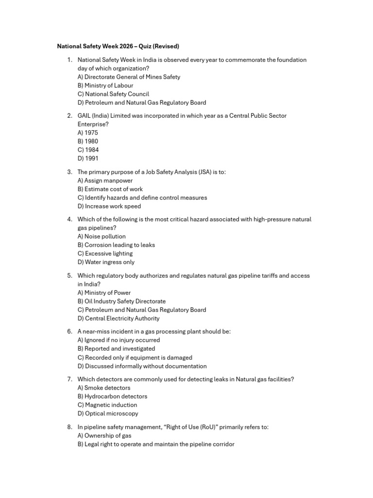 Safety Quiz March 2026 | PDF | Natural Gas | Occupational Safety And Health