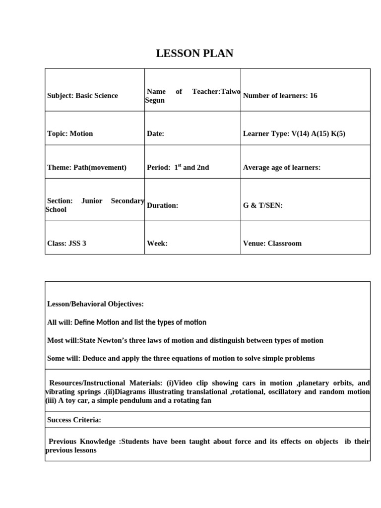 LESSON PLAN - Motion Basic Science | PDF | Force | Rotation Around A ...