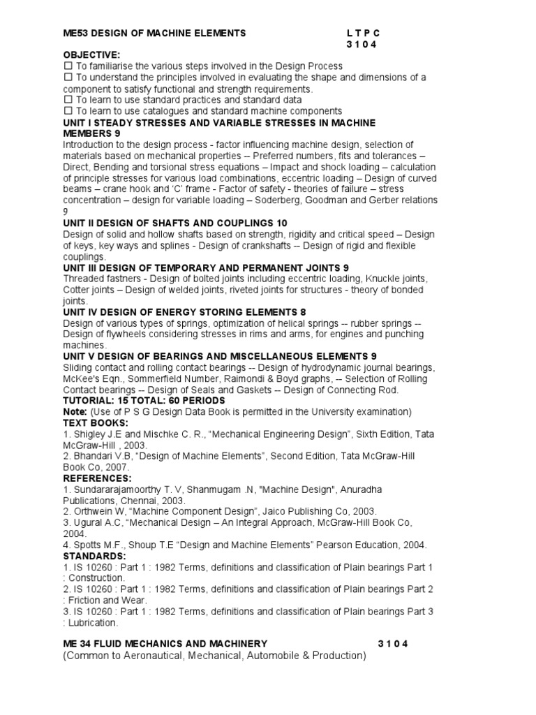 Design of Machine Elements Course | PDF | Fluid Mechanics | Pump