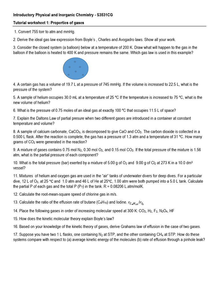 Worksheet 1 | PDF | Gases | Mole (Unit)