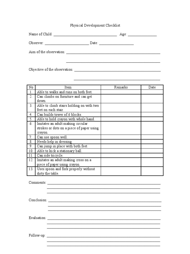Physical Development Checklist