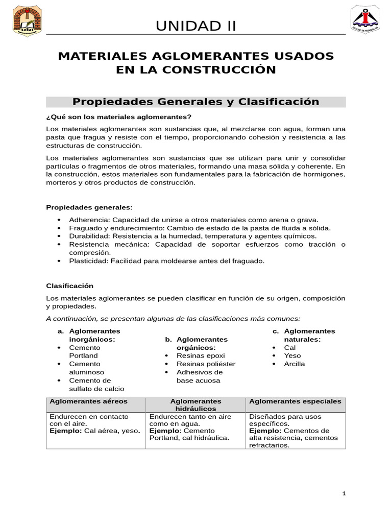 Unidad II - Material AGLOMERANTES | PDF | Lima (Material) | Cemento