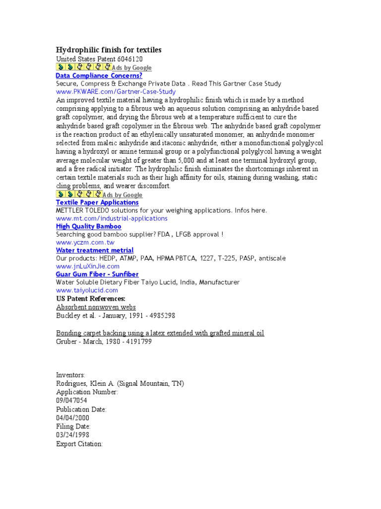 Hydrophilic Finish For Textiles | PDF | Polyester | Ester