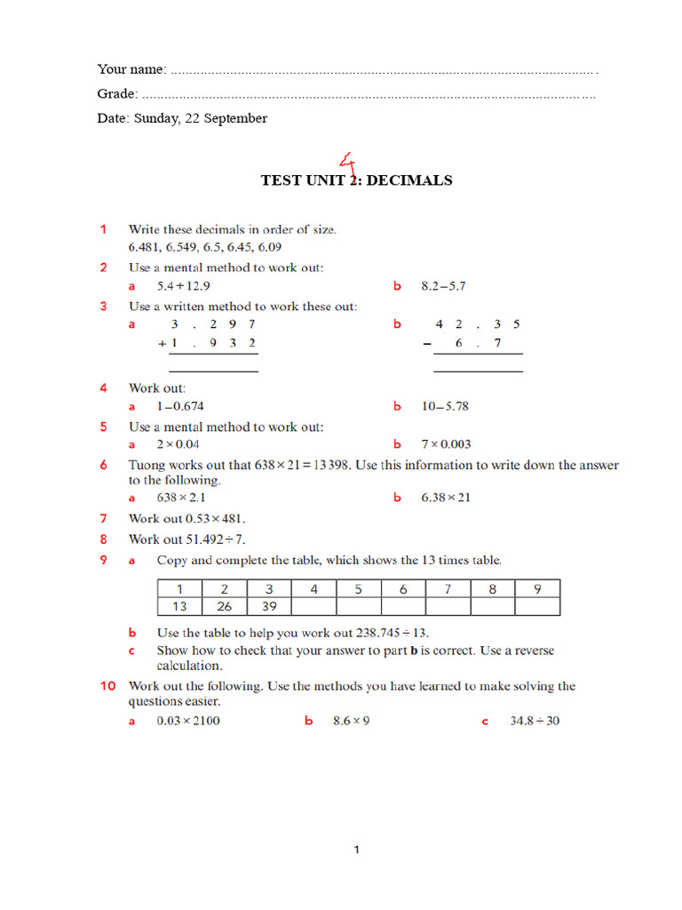 Test Unit 4 - Decimals | PDF