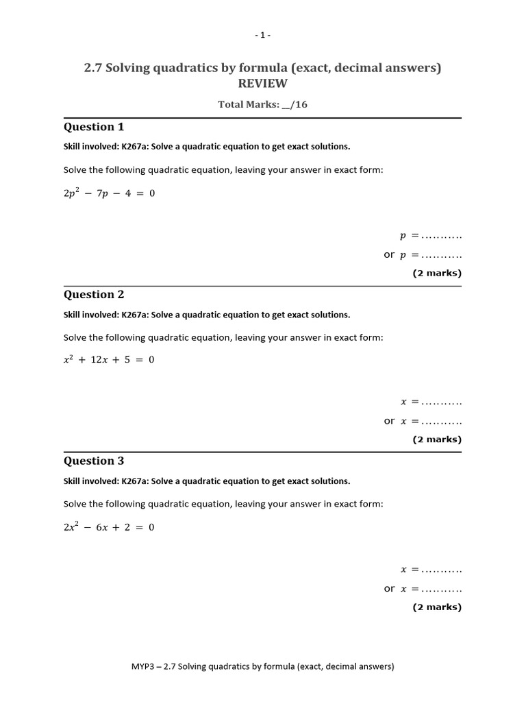 MYP3 2.7 Solving Quadratics by Formula (Exact, Decimal Answers) Review ...