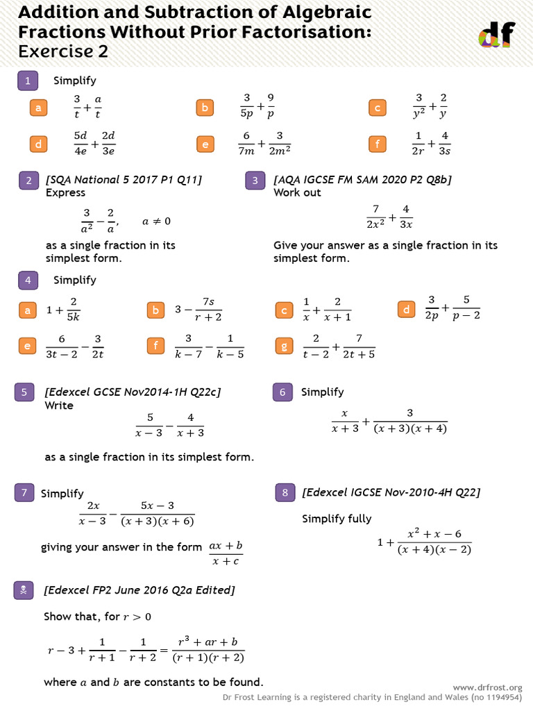 Addition and Subtraction of Algebraic Fractions Without Prior ...