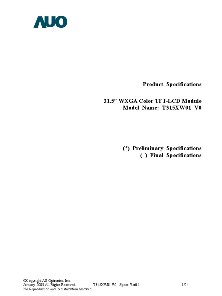T315 XW01 V0 | PDF | Thin Film Transistor Liquid Crystal Display ...
