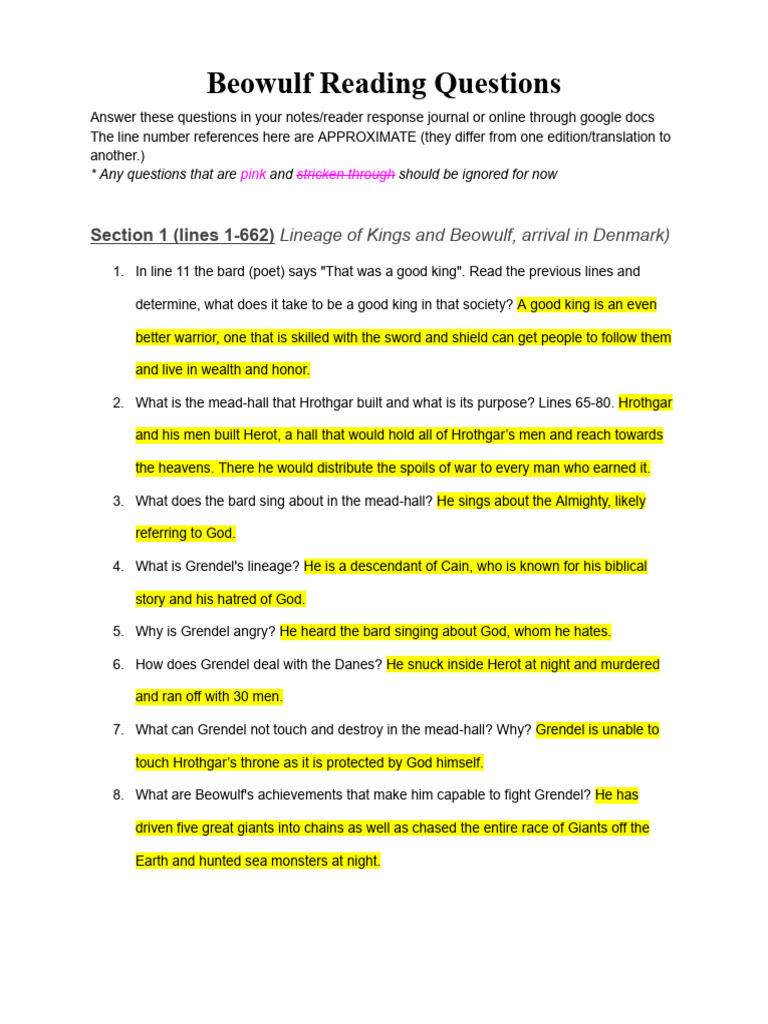 Beowulf Reading Questions Section 1 & 2 | PDF | Beowulf | English ...