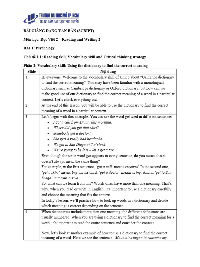 DV2-B1-CD 1.1-Vocabulary Skill - Script | PDF | Thought | Dictionary