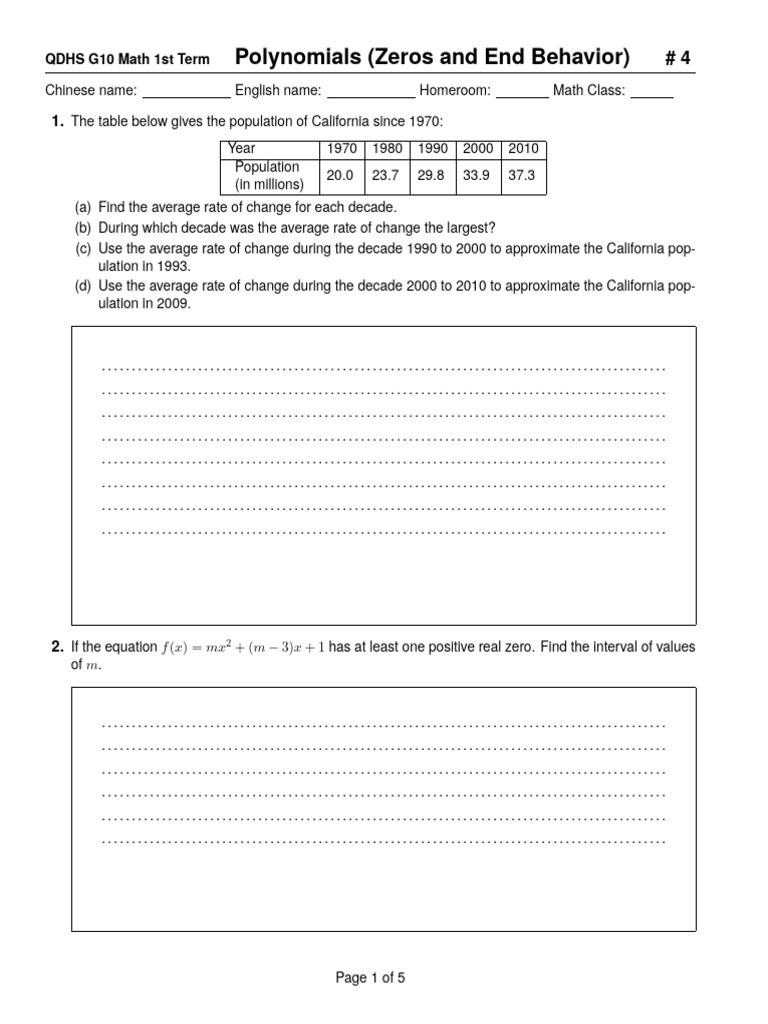 G10 Math Homework 4-Polynomials Zeros and End Behavior | PDF ...