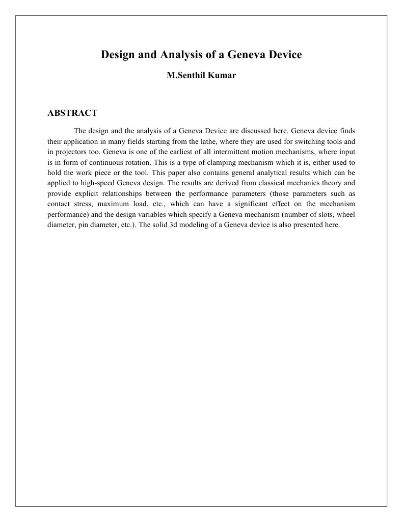 New Design and Analysis of A Geneva Device Abs | PDF